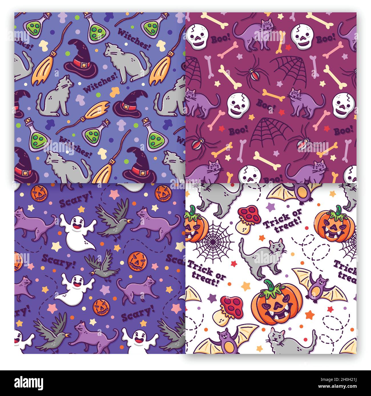 hand drawn halloween pattern collection purple violet colored shades ...