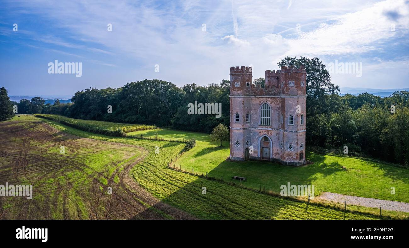 The Belvedere Tower over Powderham Park from a drone, Powderham Castle ...