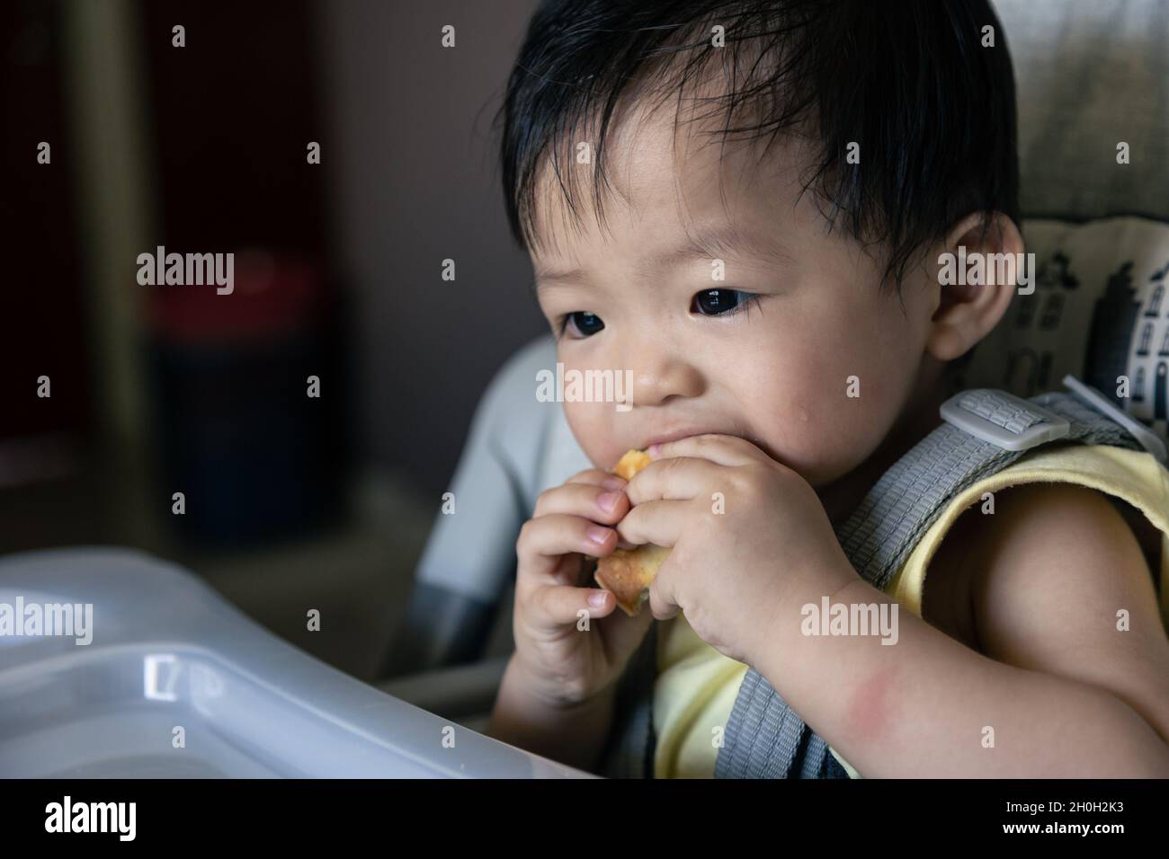 Adorable joyful and Happy 1years old Chinese baby boy having food while ...