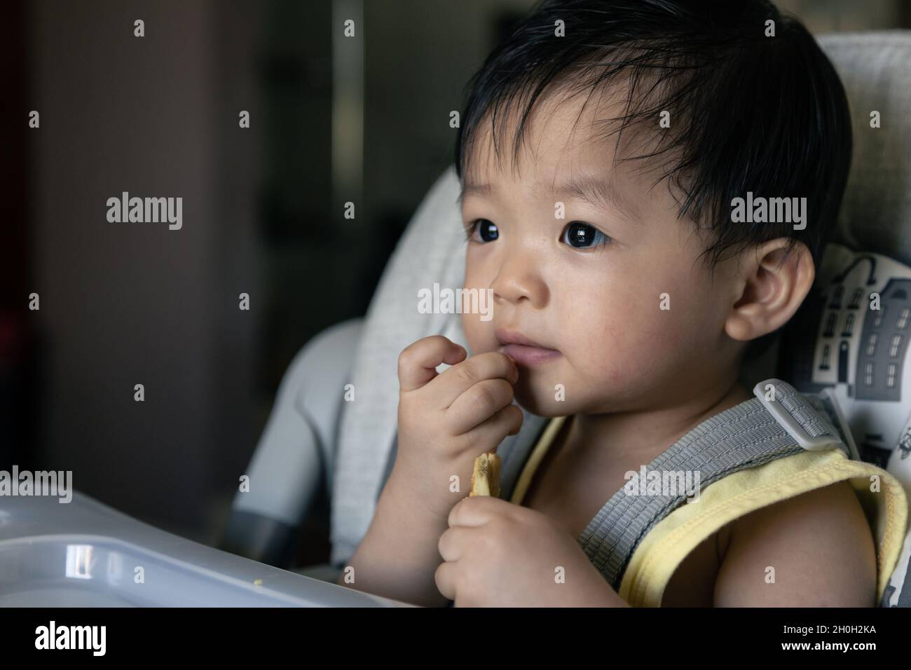 Adorable joyful and Happy 1years old Chinese baby boy having food while ...