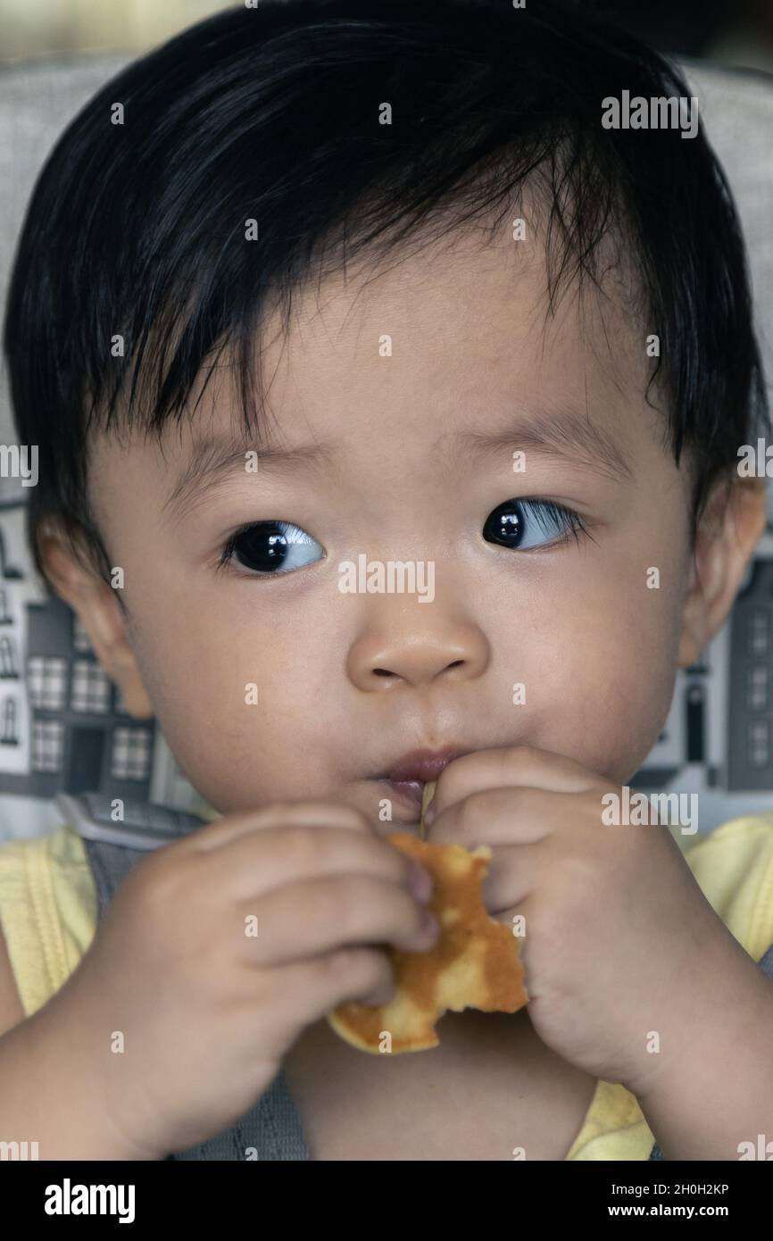 Adorable joyful and Happy 1years old Chinese baby boy having food while ...