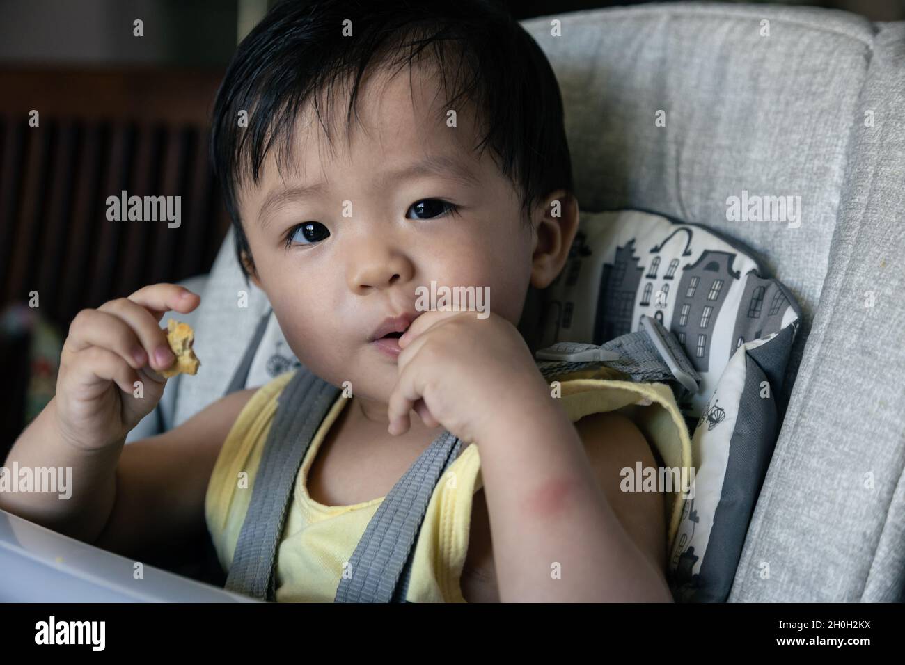 Adorable joyful and Happy 1years old Chinese baby boy having food while ...