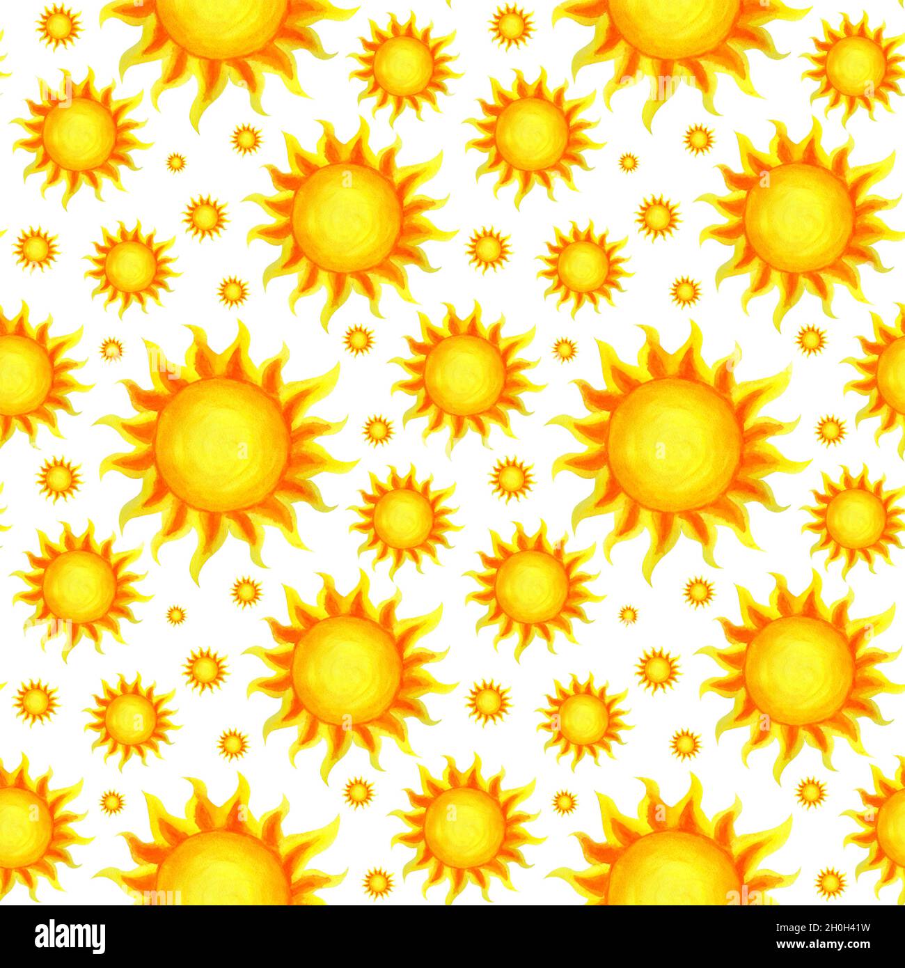 Sunny seamless pattern. Yellow sun, summer bright hand-drawn pattern ...