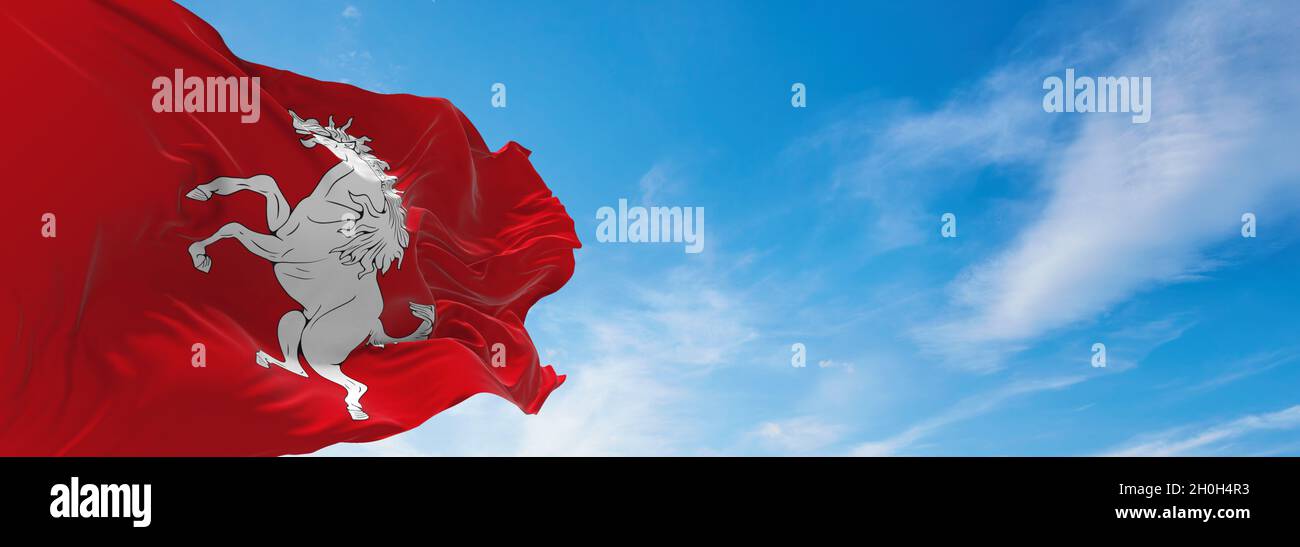 flag of county Kent, UK at cloudy sky background on sunset, panoramic ...