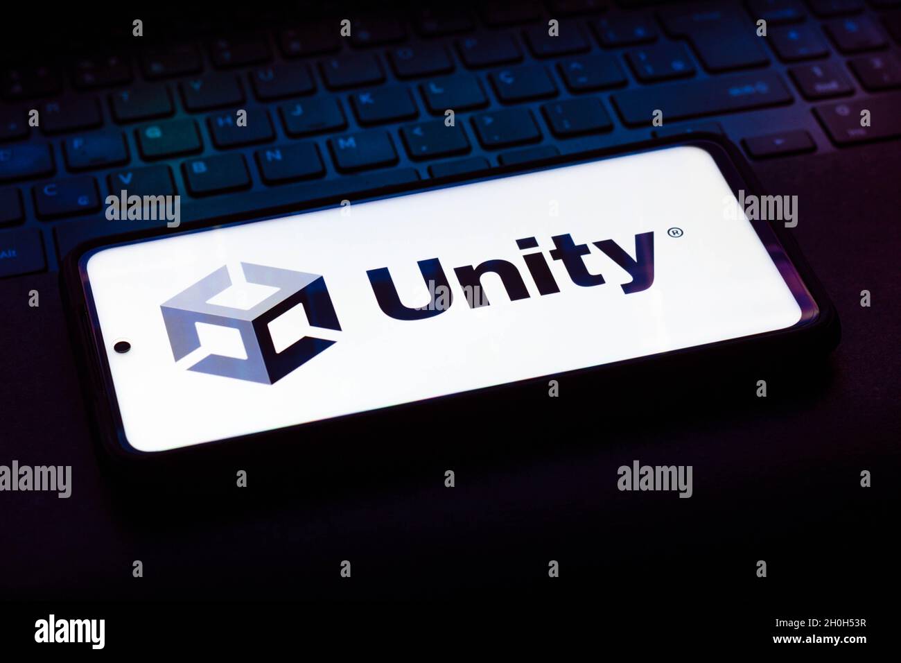 In this photo illustration the Unity Technologies logo seen displayed ...