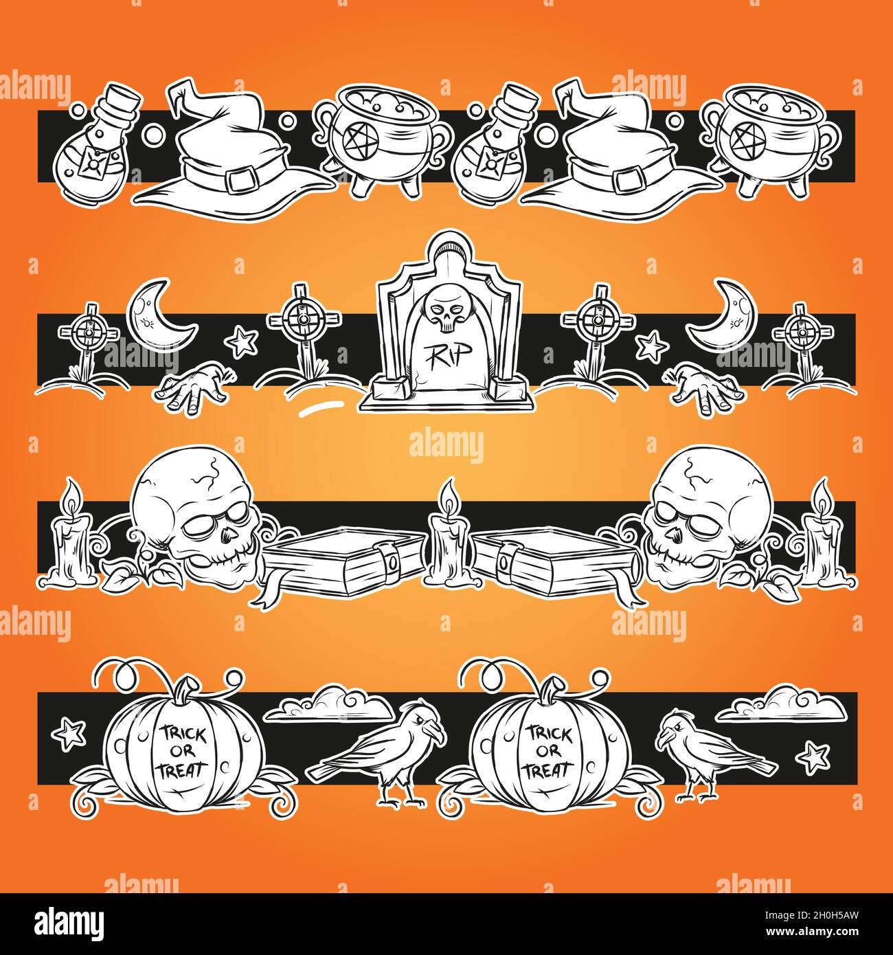 hand drawn halloween border collection vector design illustration Stock ...