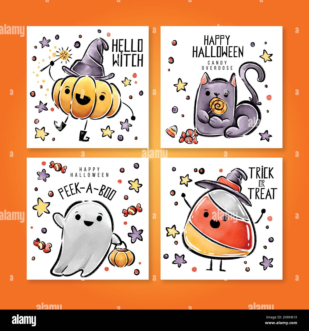 cute watercolor halloween card collection vector design illustration ...