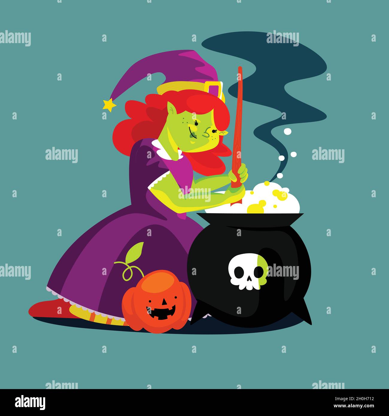 adult witch melting pot with skull vector design illustration Stock ...