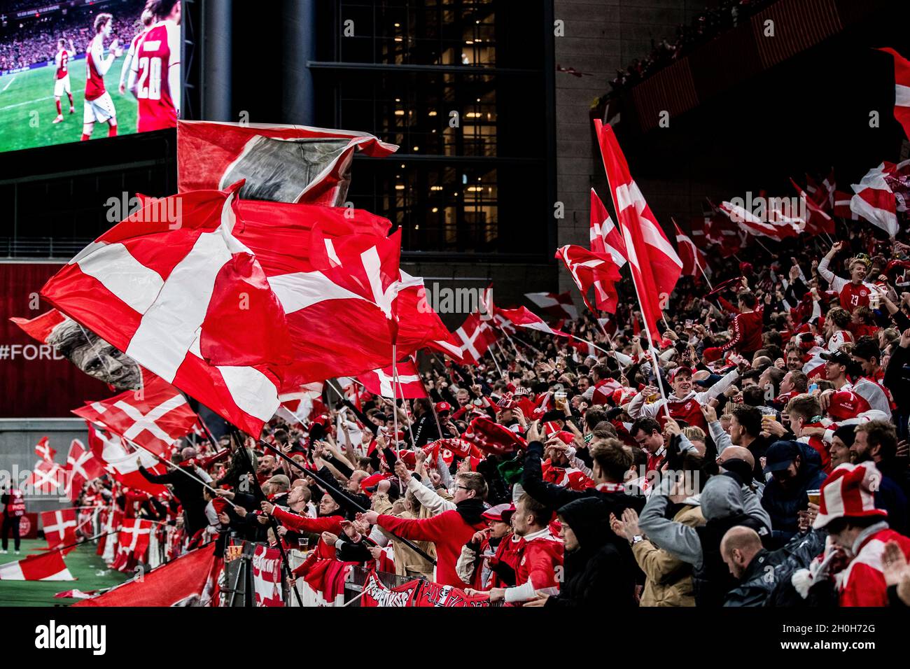 Copenhagen, Denmark. 12th Oct, 2021. Football fans of Denmark seen on ...