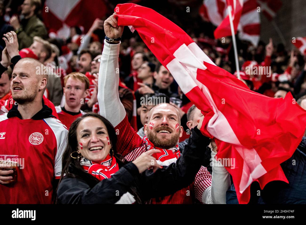 Copenhagen, Denmark. 12th Oct, 2021. Football fans of Denmark seen on ...