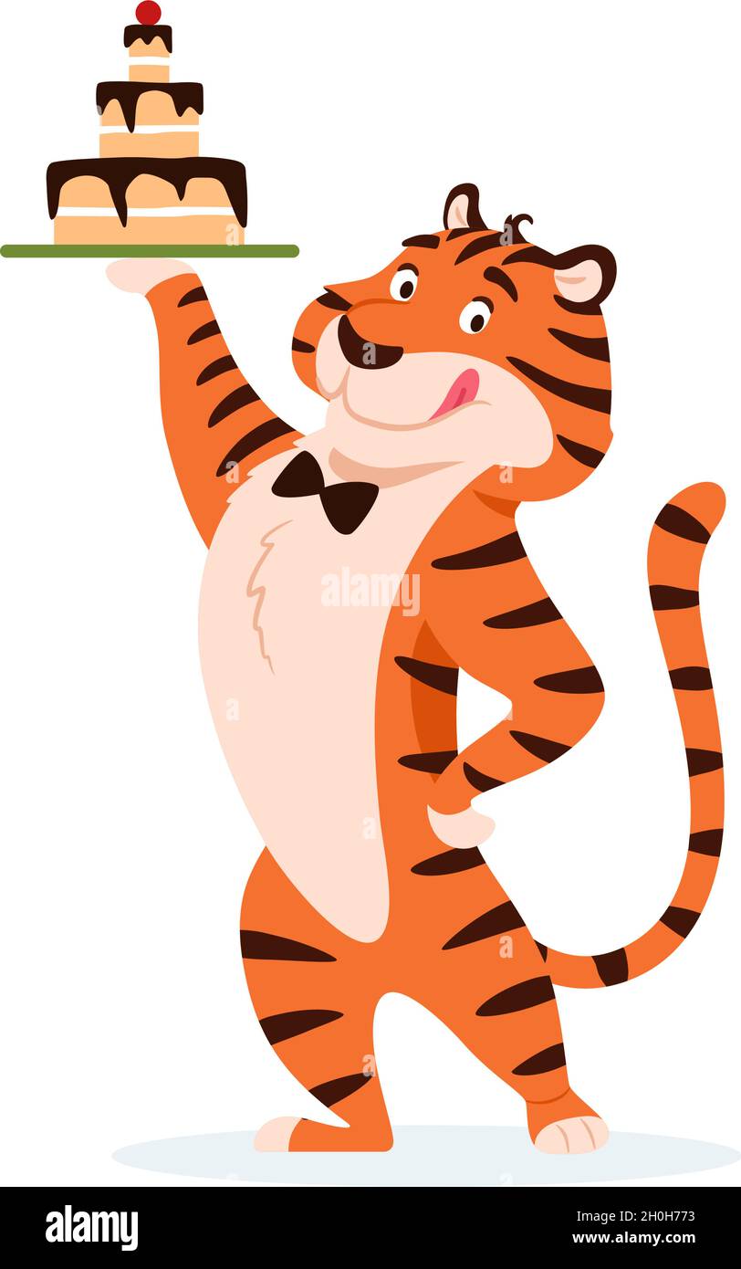 Cartoon adorable licking tiger with holiday cake Stock Vector Image ...
