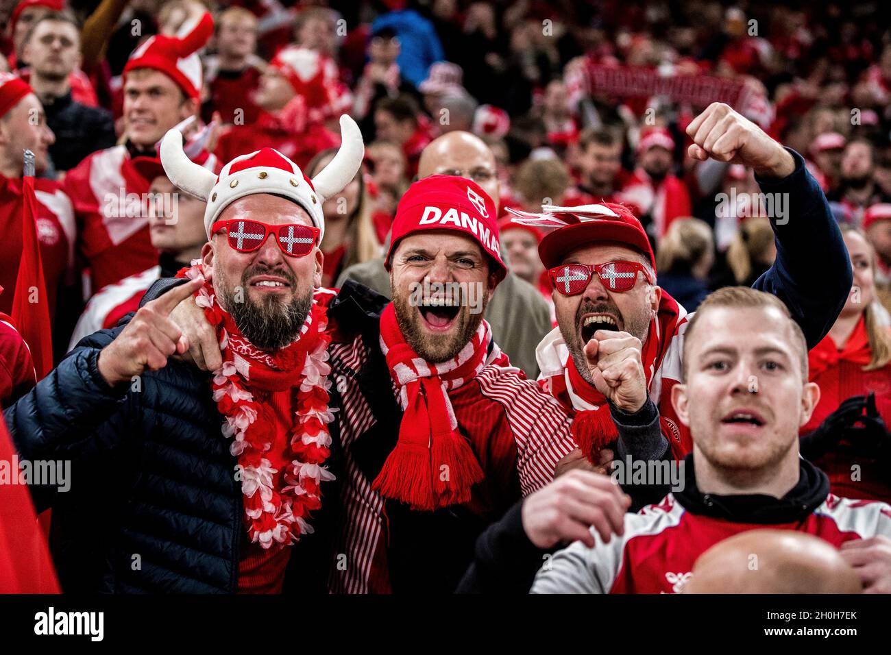 Copenhagen, Denmark. 12th Oct, 2021. Football fans of Denmark seen on ...