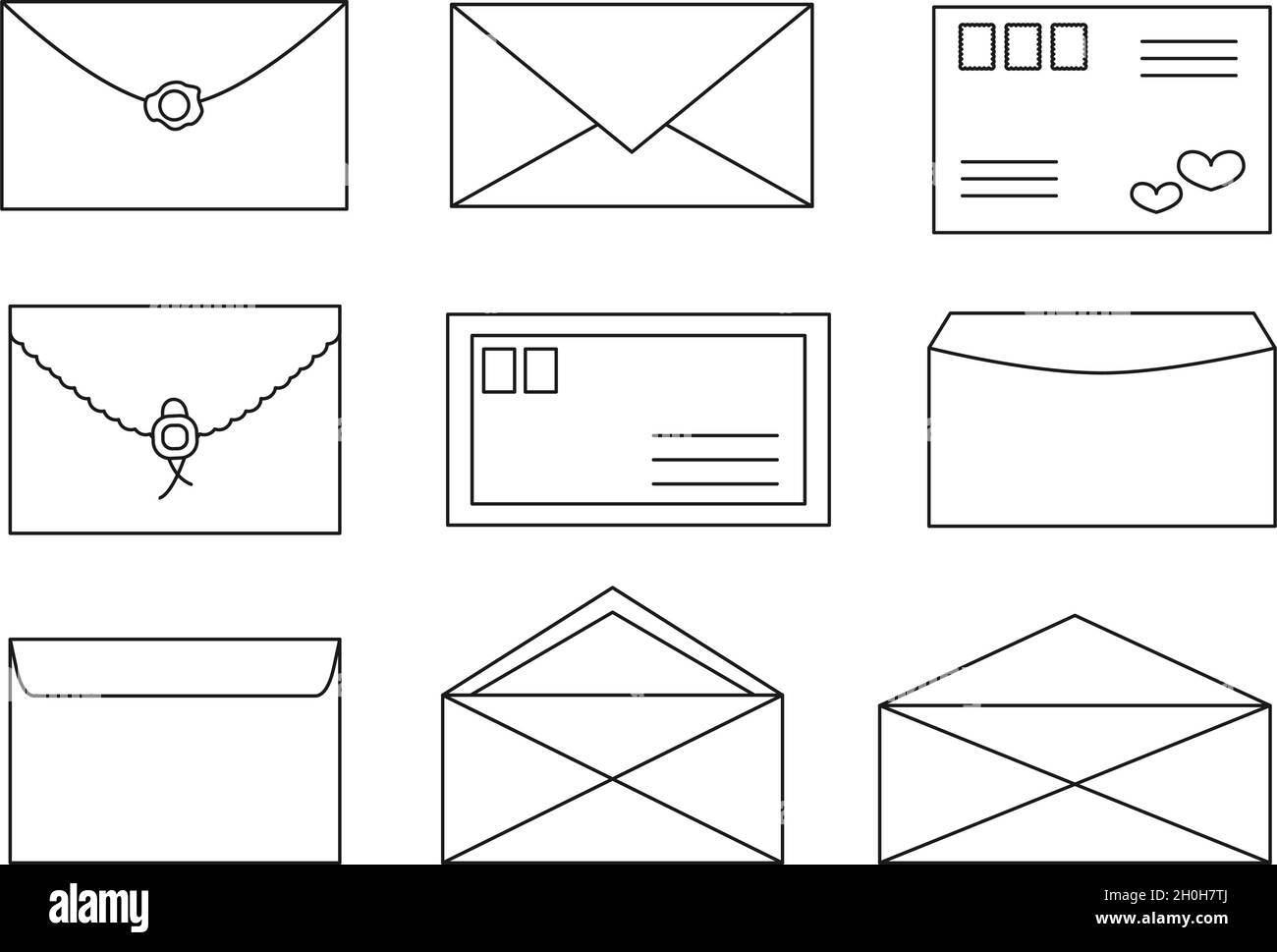 Envelope line outline contour with mail and post card set with post ...