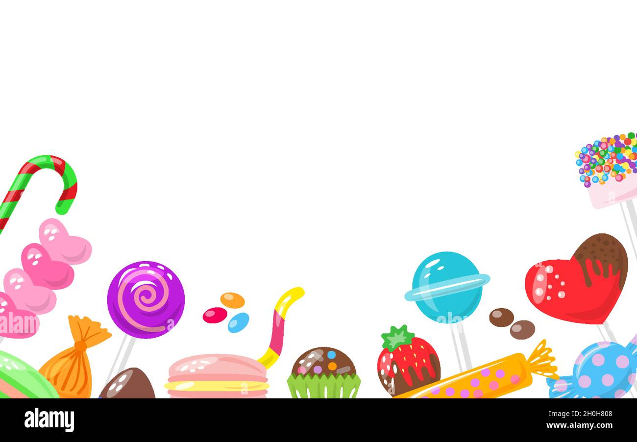 Candy sweets, marshmallow, hard candy on stick, dragee, macaroon, jelly ...