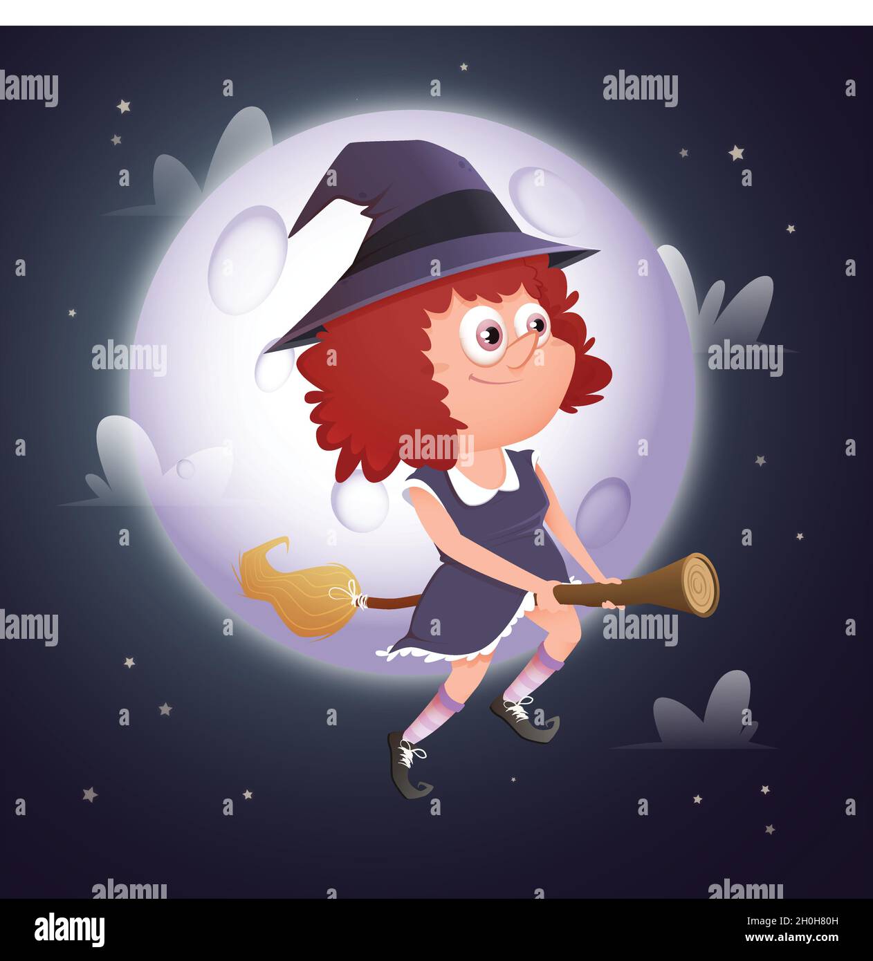 cure halloween witch with full moon vector design illustration Stock ...
