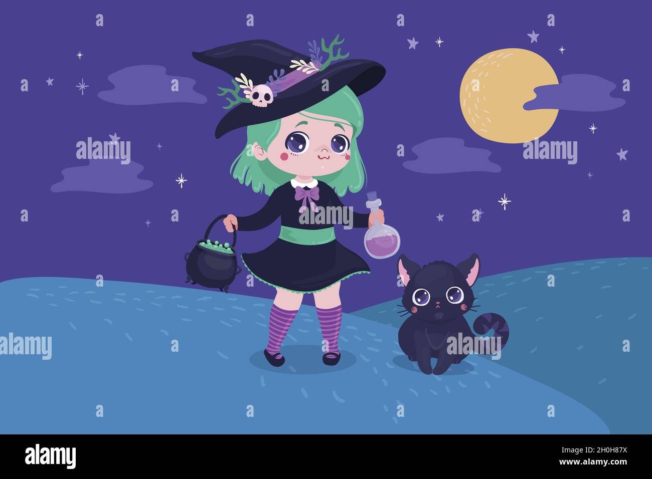 cute halloween witch with cat vector design illustration Stock Vector ...