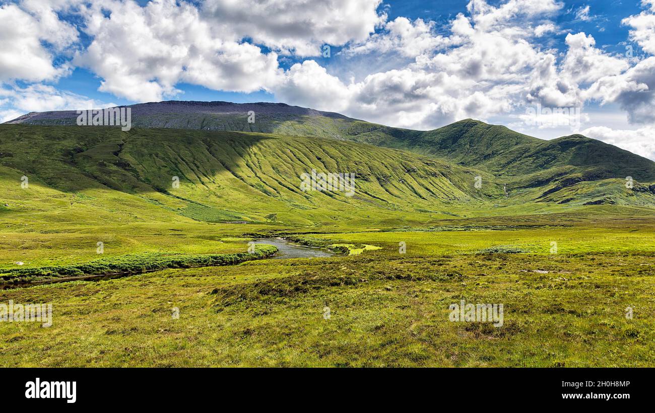 Hilly landscape with high moor, River Laxford, Sutherland, Highlands ...