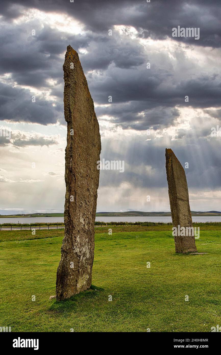 Neolithic Monument, Henge, Standing Stones of Stenness, dramatic cloudy ...