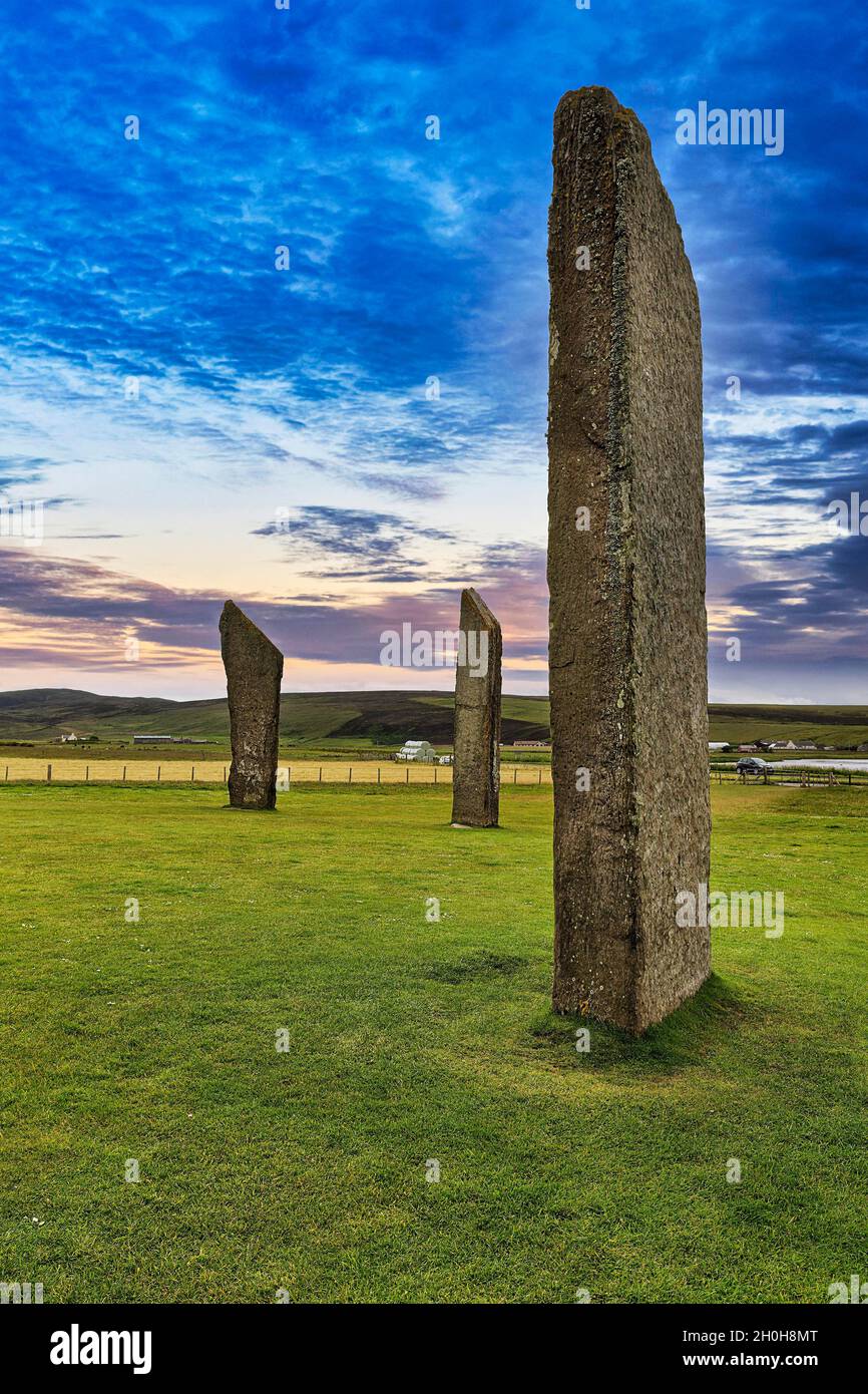 Neolithic Monument, Henge, Standing Stones of Stenness, Evening Sky ...