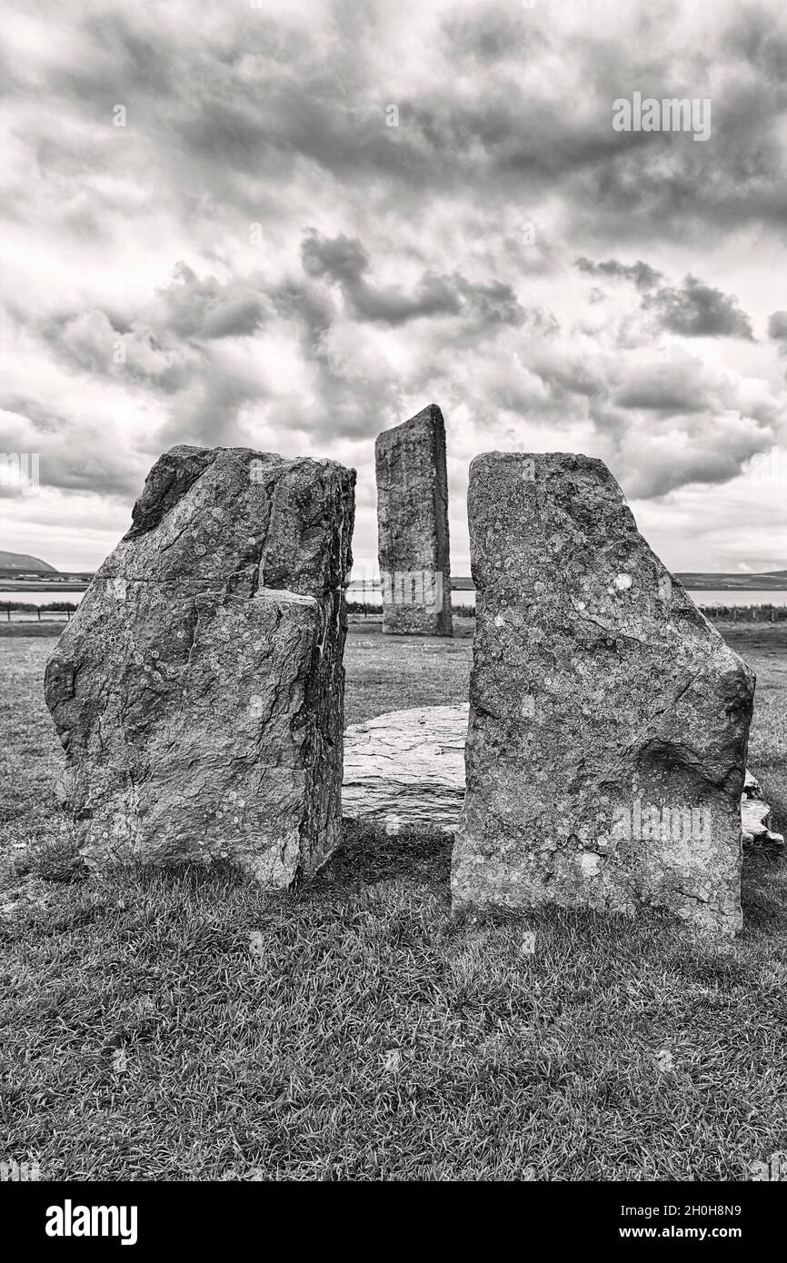Neolithic Monument, Henge, Standing Stones of Stenness, dramatic cloudy ...