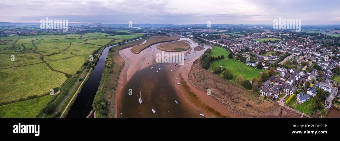 Panorama of River Exe in Topsham and Exeter from a drone, Devon ...