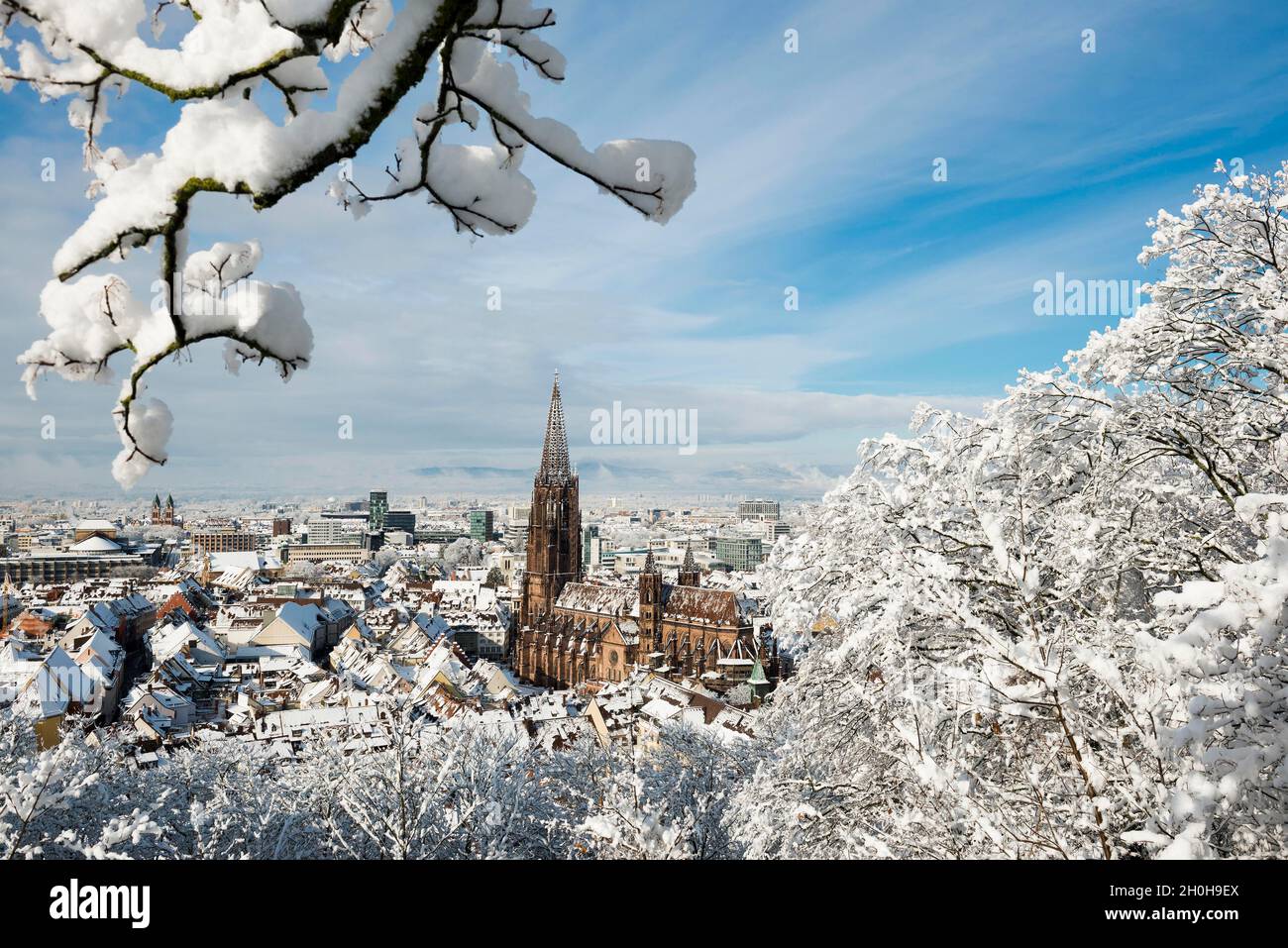 Winter atmosphere with snow, Freiburg Cathedral, Freiburg im Breisgau ...