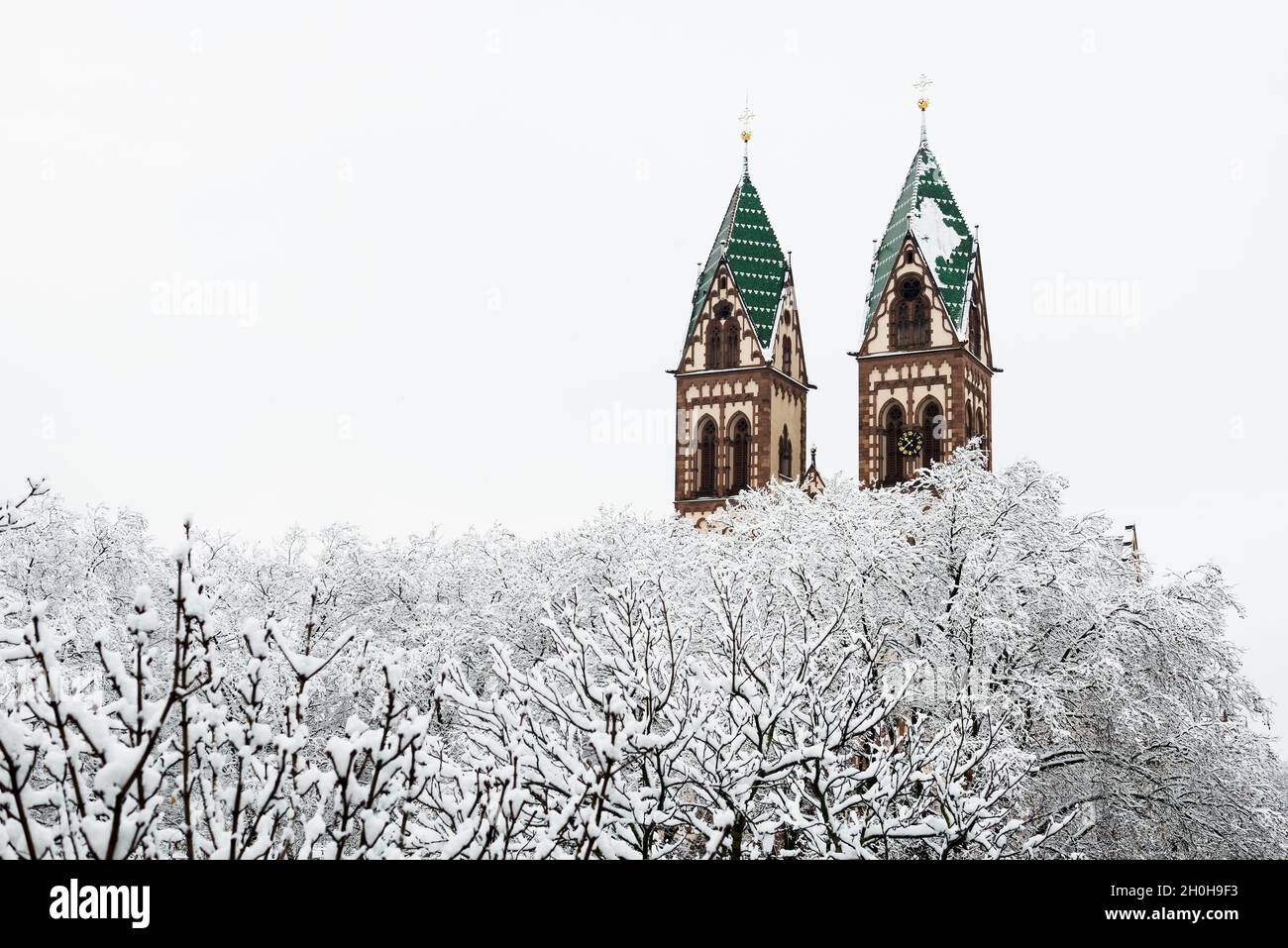Winter atmosphere with snow, Stuehlinger Church, Freiburg im Breisgau ...