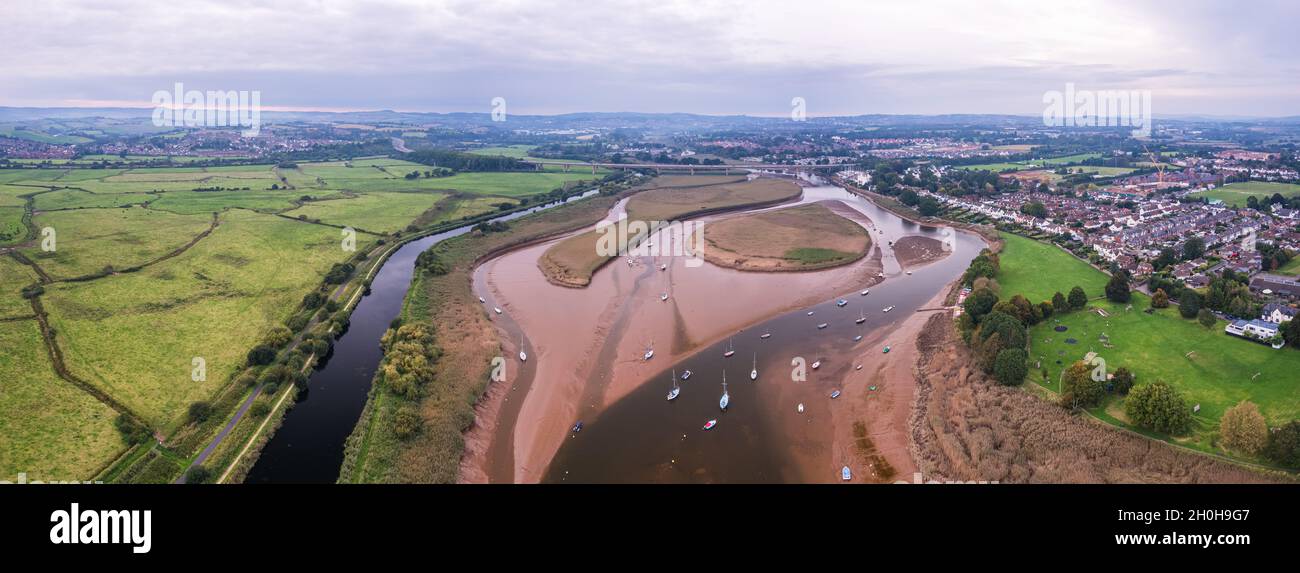 Panorama of River Exe in Topsham and Exeter from a drone, Devon ...