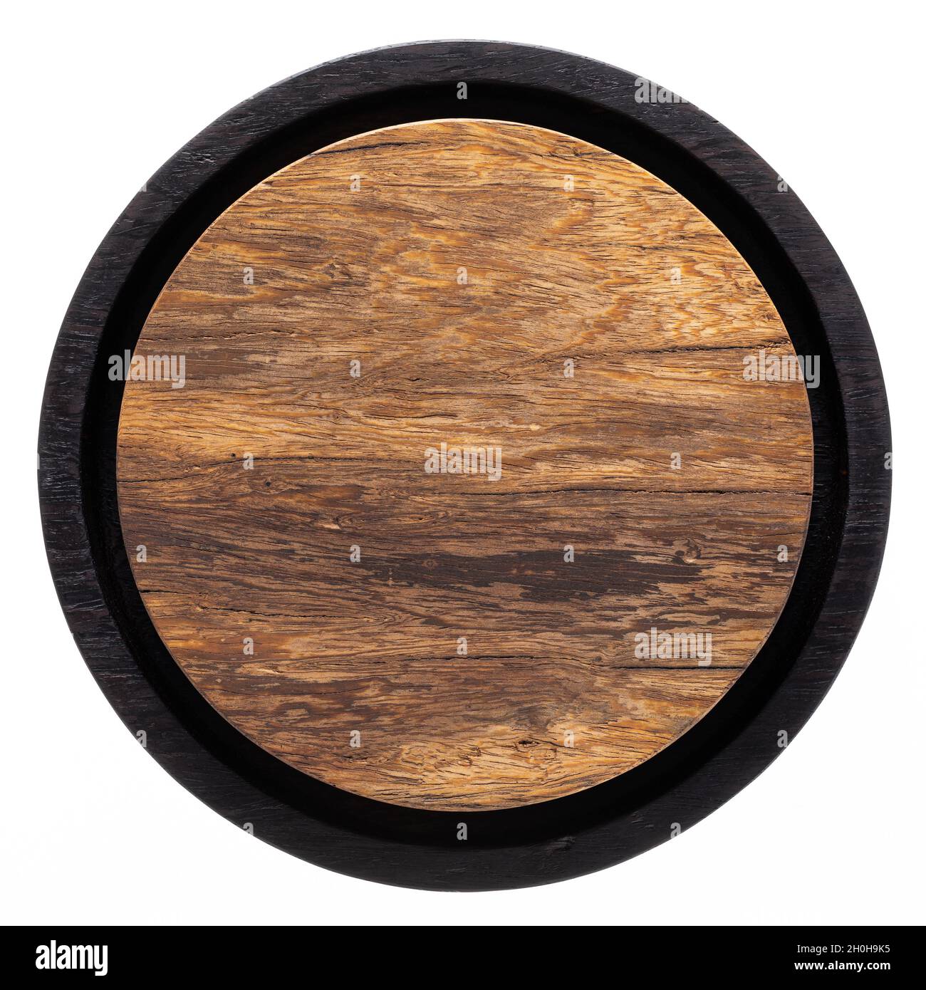 Two-color round wooden tea tray. Round wooden chopping board. Texture ...