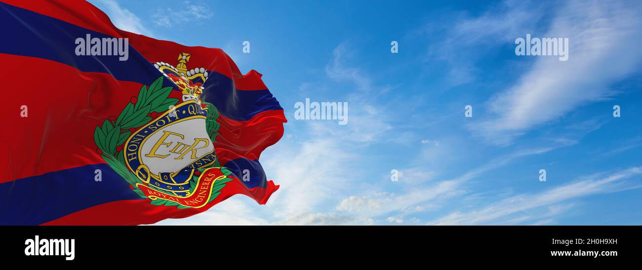 flag of the Corps of Royal Engineers Camp at cloudy sky background on ...
