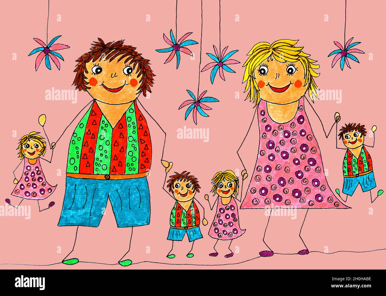 Naive illustration, stick figure, two children with dolls Stock Photo ...