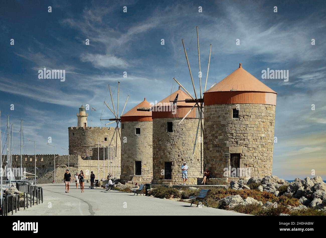Three Windmills, Mandraki Harbour, Rhodes Town, Rhodes, Greece Stock ...