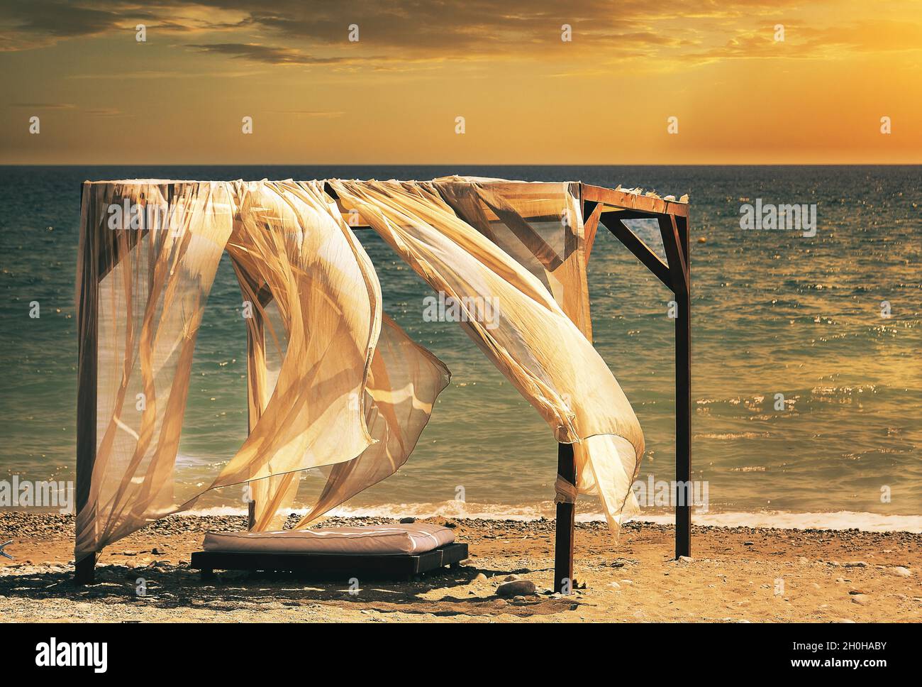 Canopy for beach loungers with curtains, beach, Rhodes, Greece Stock ...