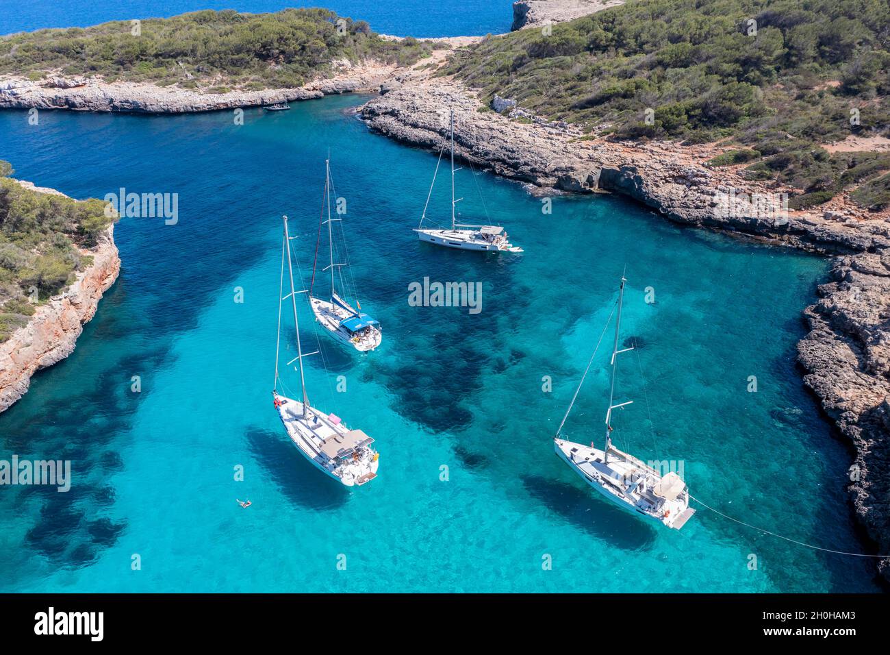 Aerial view, Cala Sa Nau, near Cala d'Or, with beaches and sailing ...