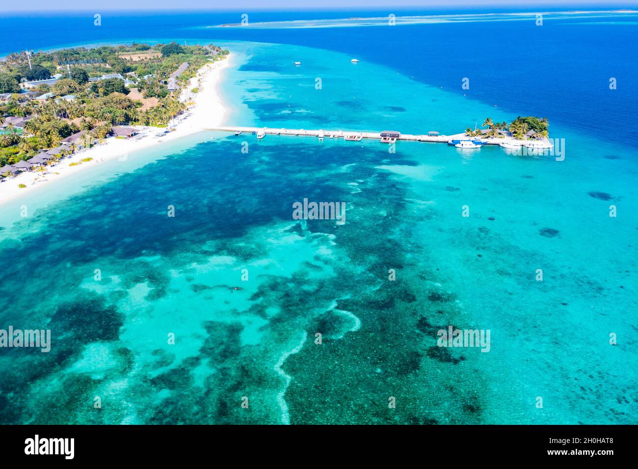Aerial view, Kuredu with jetty, Laviyani Atoll, Maldives, Indian Ocean ...