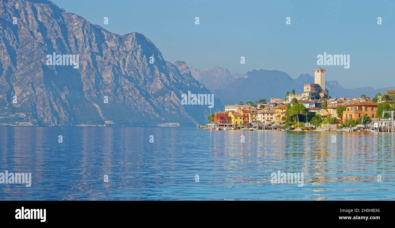 Historic coastal town of Malcesine with the castle Castello Scaligero ...