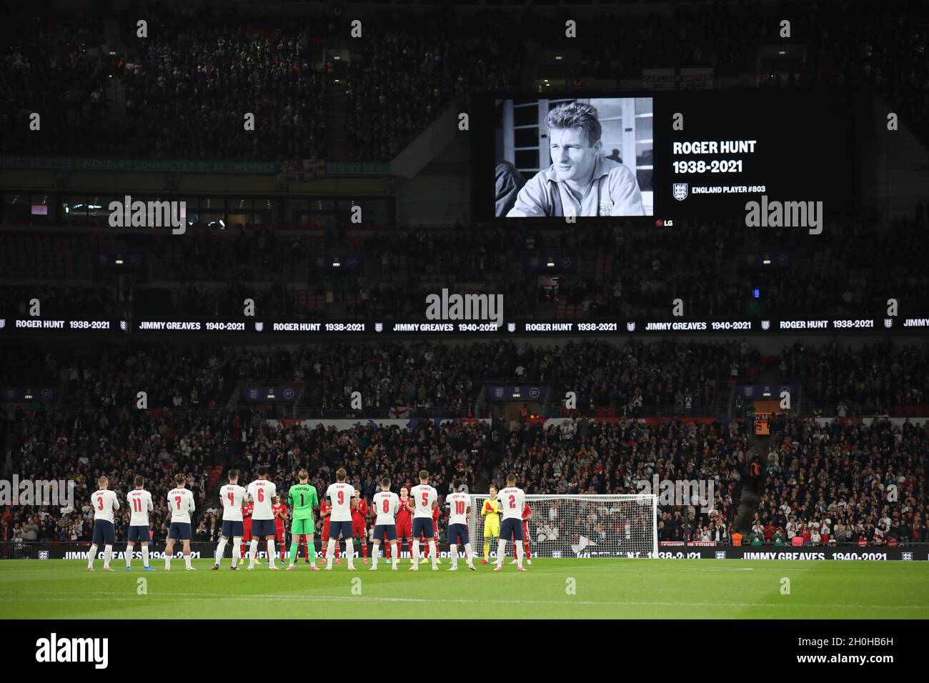 London, UK. 12th Oct, 2021. England and Hungary line up for a minutes ...
