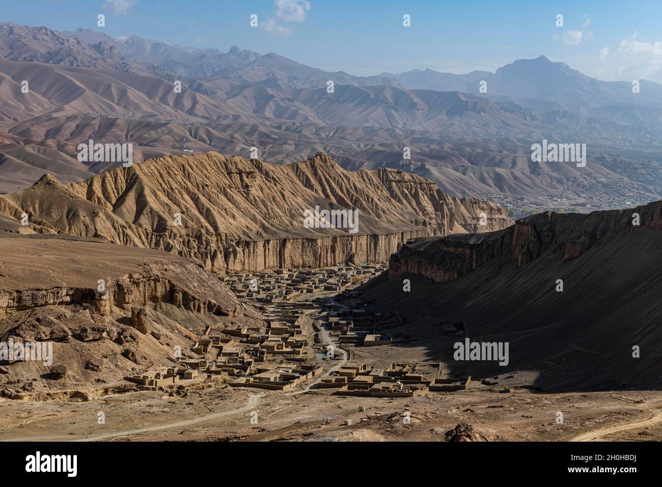 Overlook over the outskirts of Bamyan and the surrounding mountains ...