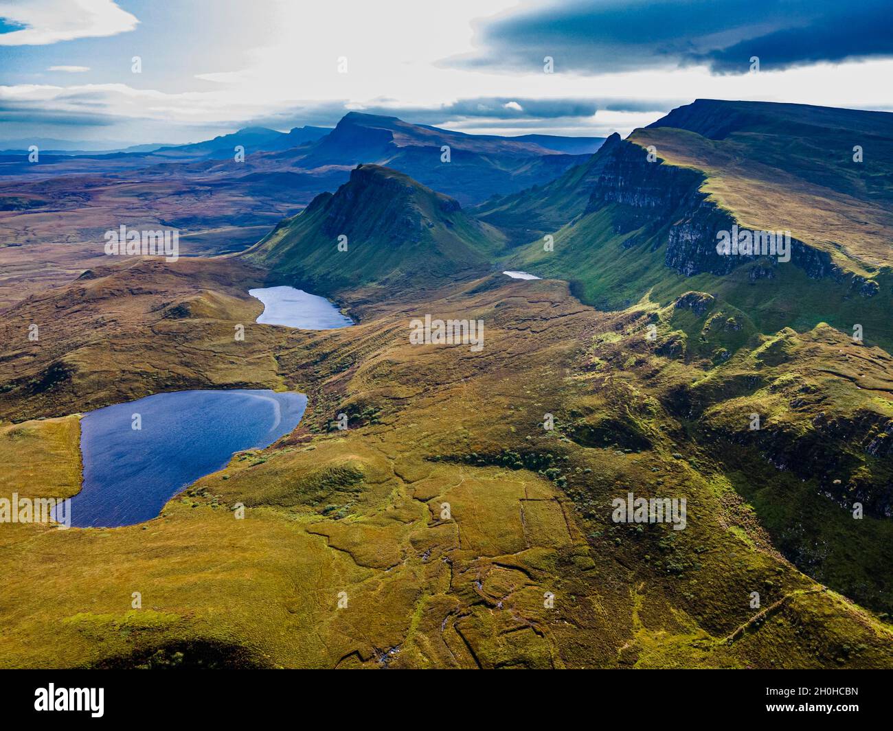 Aerial of the rugged mountain landscape of the Quiraing, Isle of Skye ...