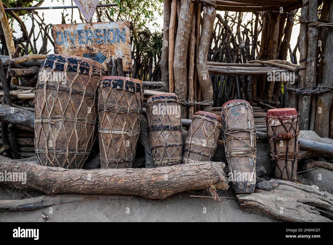Local drums of the Otuho or Lutoko tribe in a village in the Imatong ...