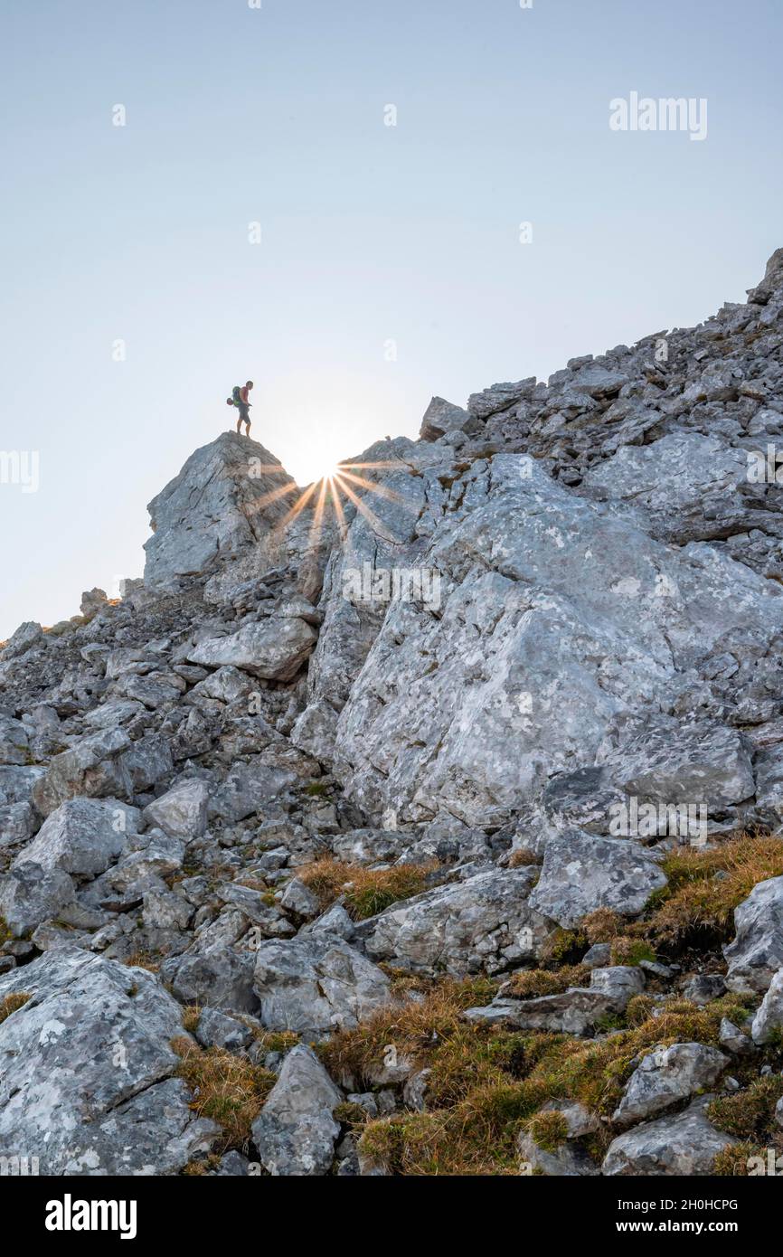 Hiker standing on a rock, scree, hiking to the Hochkalter ...