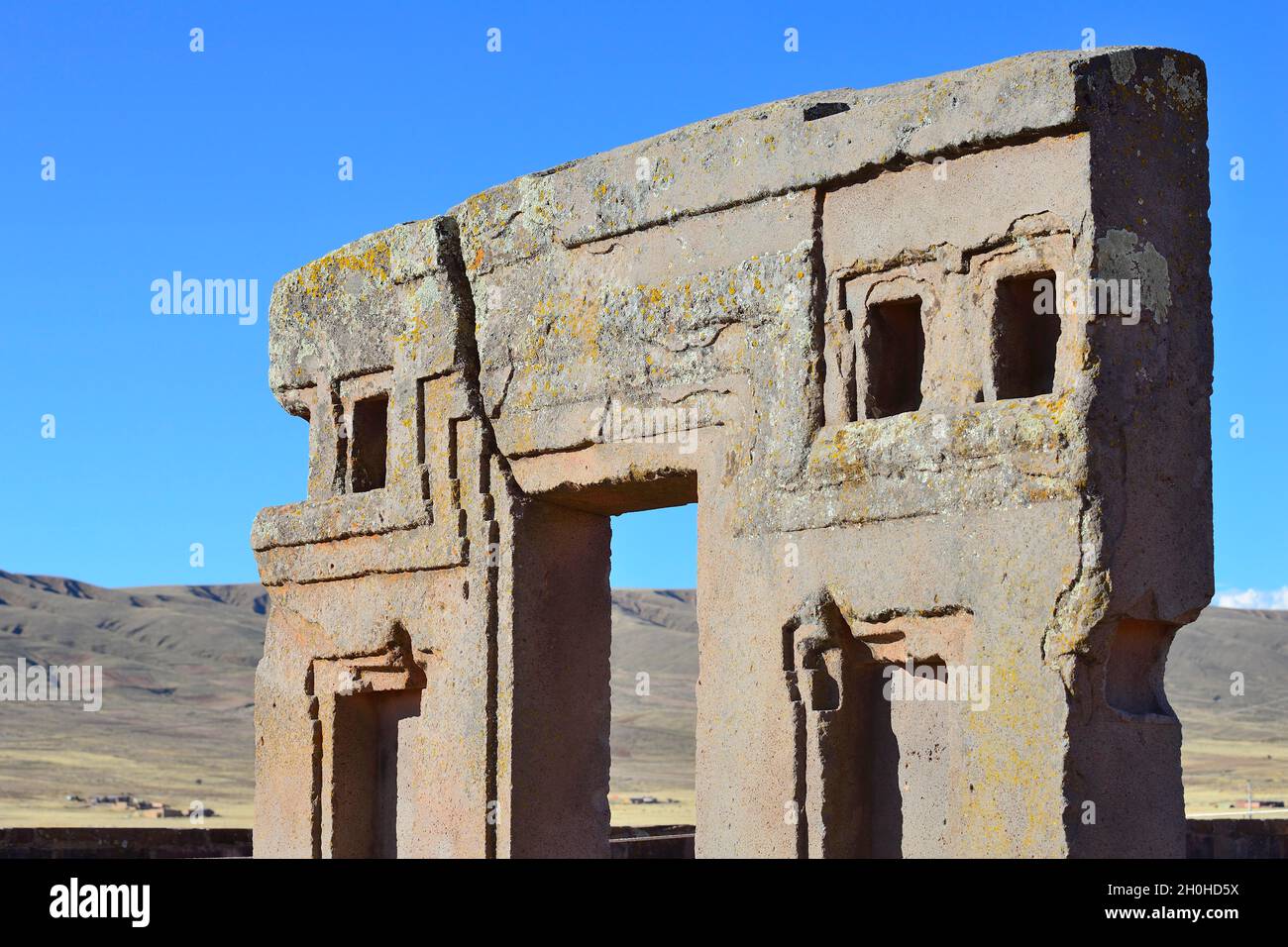 Back of the Sun Gate from the pre-Inca period, ruins of Tiwanaku, also ...