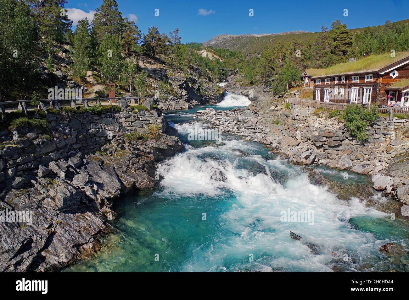 Rapids, waterfall, wooden house with grass roof, Bllingen, Reinheimen ...