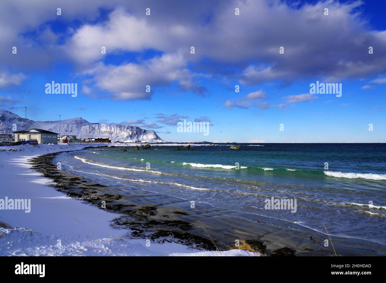 Snow-covered wide beach, Ramberg, Flakstad, Flakstadoya, Nordland ...