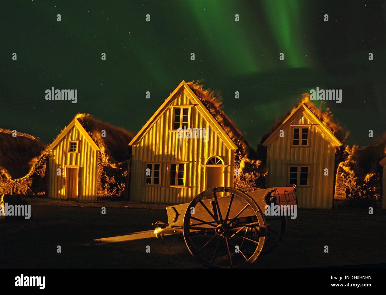 Old buildings and Northern Lights (Aurora borealis), Glaumbaer ...