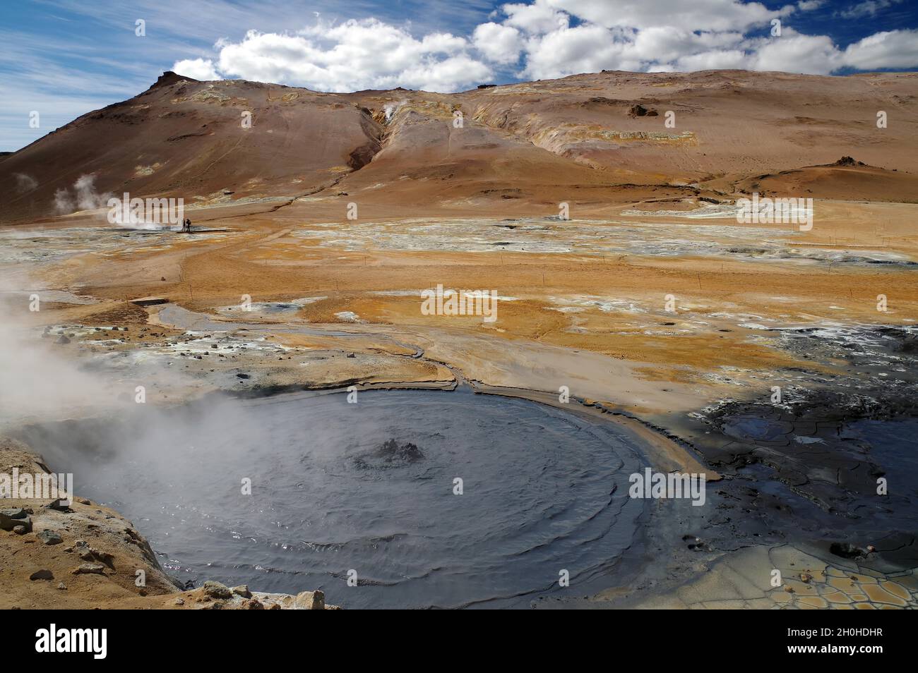 Hot mud springs bubbling in geothermal landscape with different colours ...