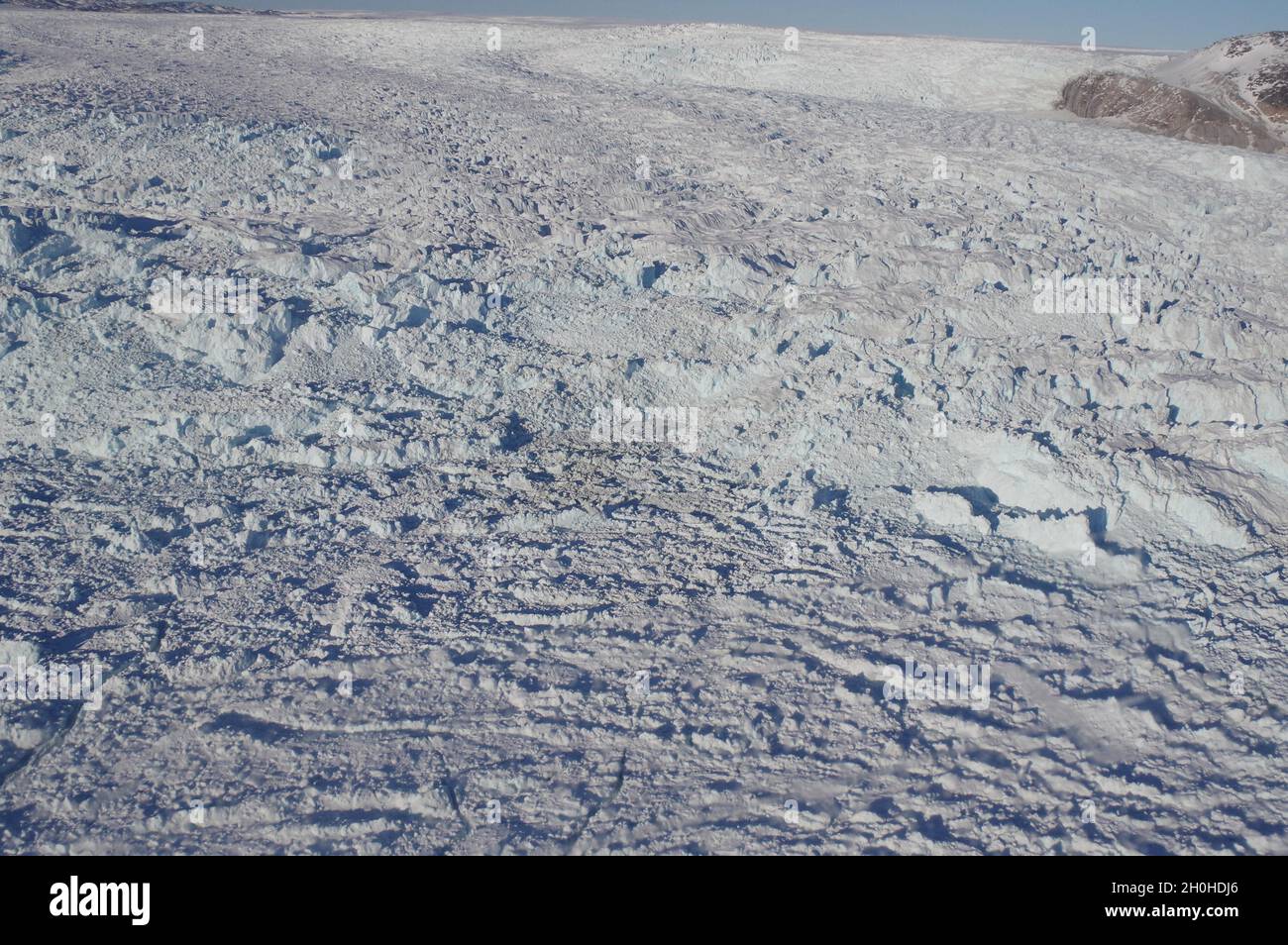 Huge ice masses of a glacier, aerial view, inland ice, Ilulissat ...