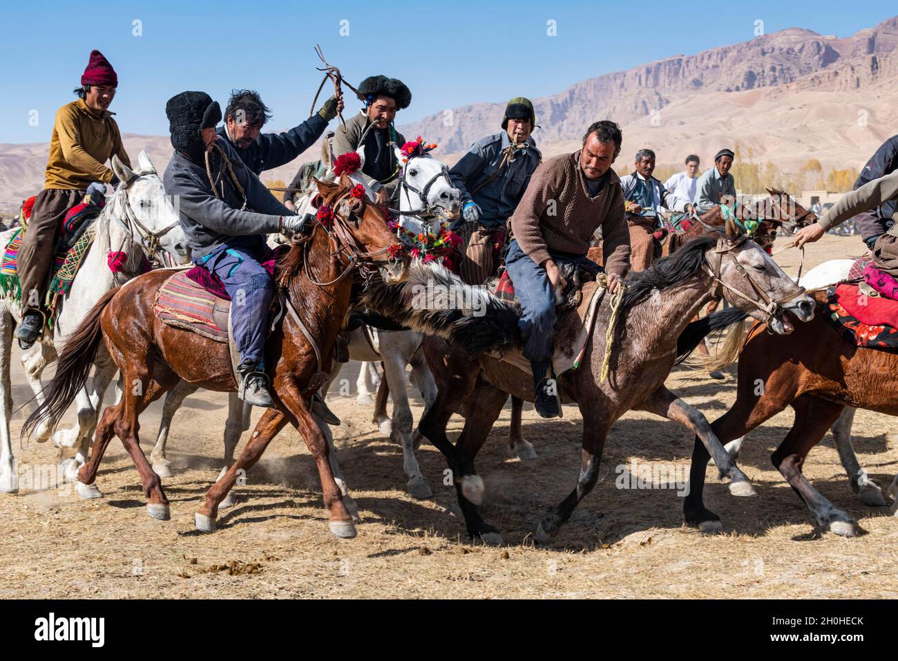 Men practising a traditional Buzkashi game, Yaklawang, Afghanistan ...