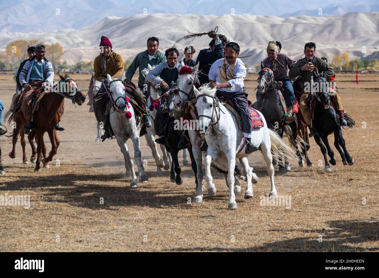Men practising a traditional Buzkashi game, Yaklawang, Afghanistan ...