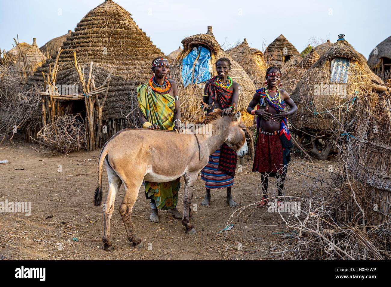 Women with a donkey before their hut, Jiye tribe, Eastern Equatoria ...